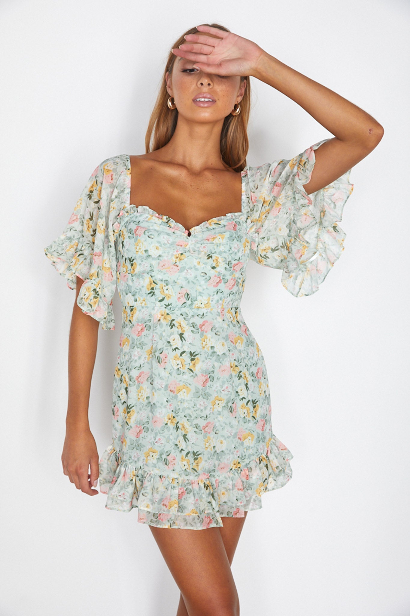 Shop the Elorah Frill Trim Mini Dress Floral Green | Selfie Leslie ...