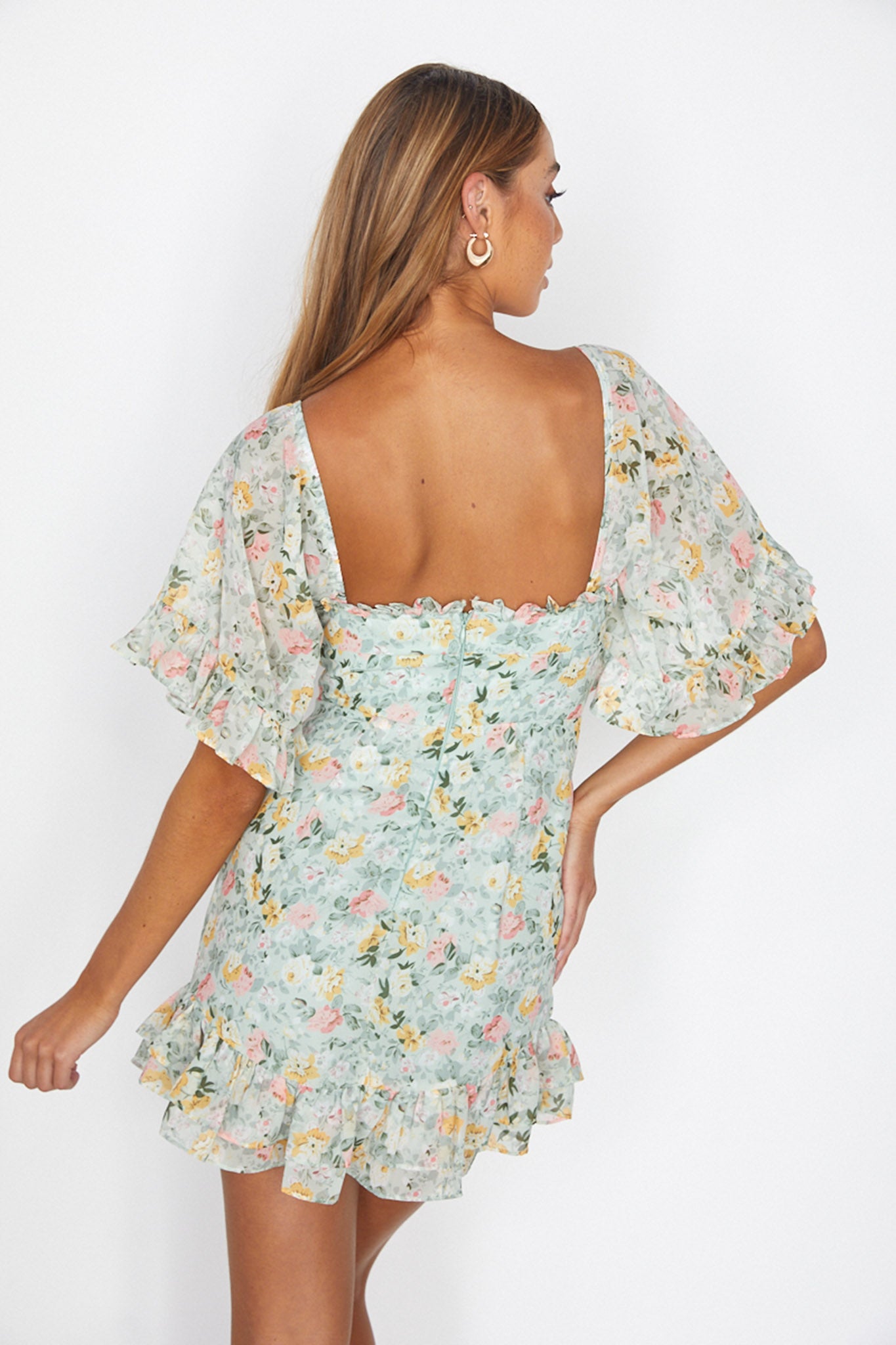 Shop the Elorah Frill Trim Mini Dress Floral Green