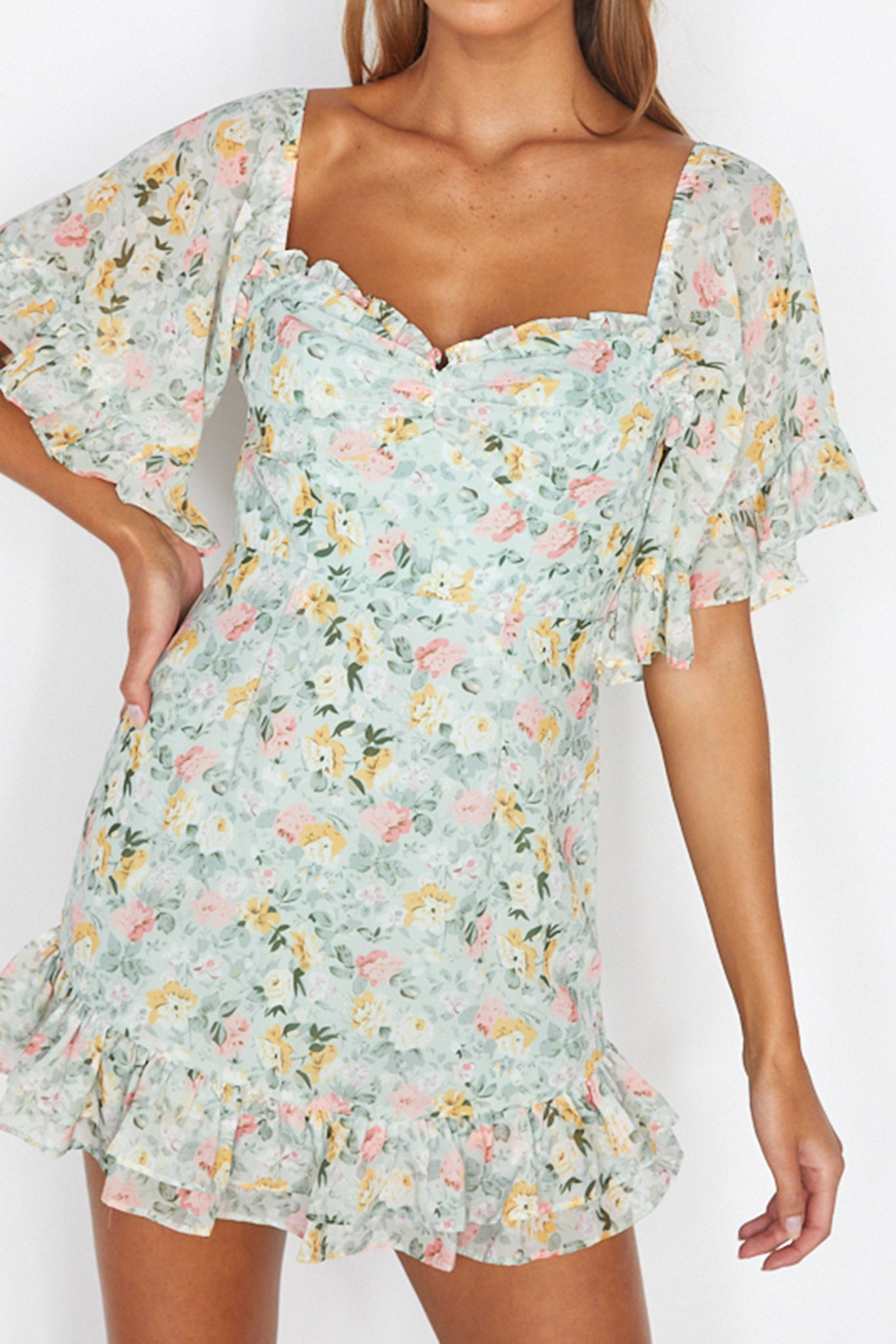 Shop the Elorah Frill Trim Mini Dress Floral Green
