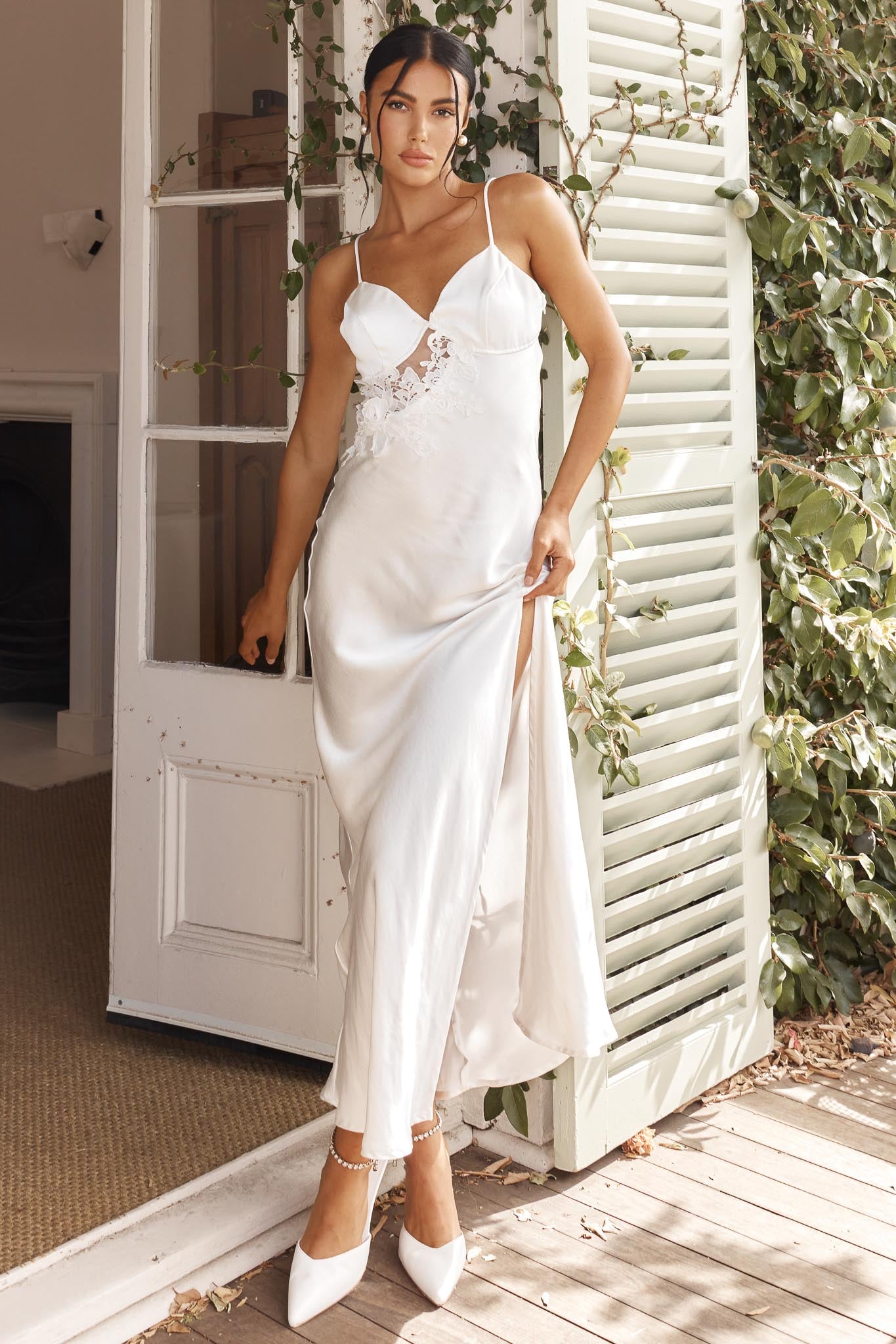 Shop the Roxana Applique Trim Split Maxi Dress White | Selfie Leslie ...