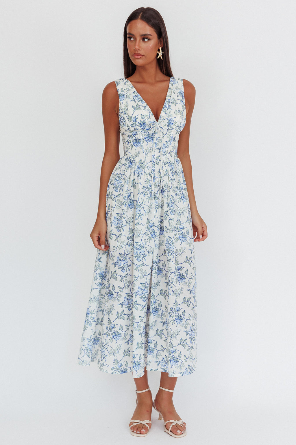 Shop the Spring Dawn Basque Waist Maxi Dress Floral Blue