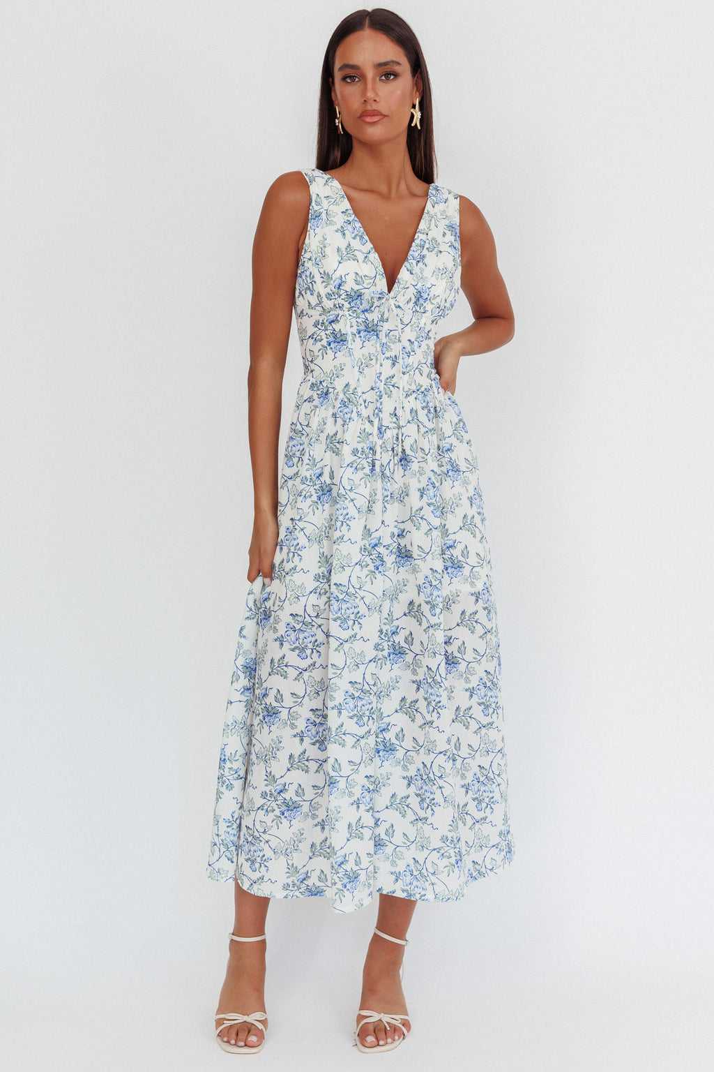 Spring Dawn Basque Waist Maxi Dress Floral Blue | Selfie Leslie Australia