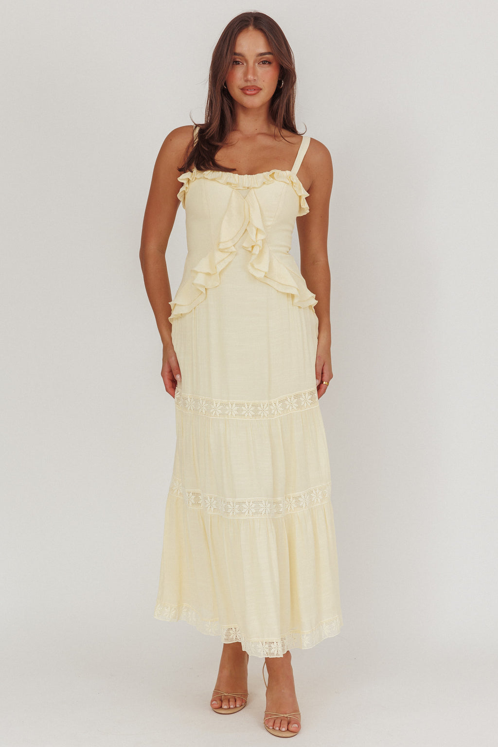 Shop the Vienna Sky Frill And Crochet Trim Maxi Dress Cream
