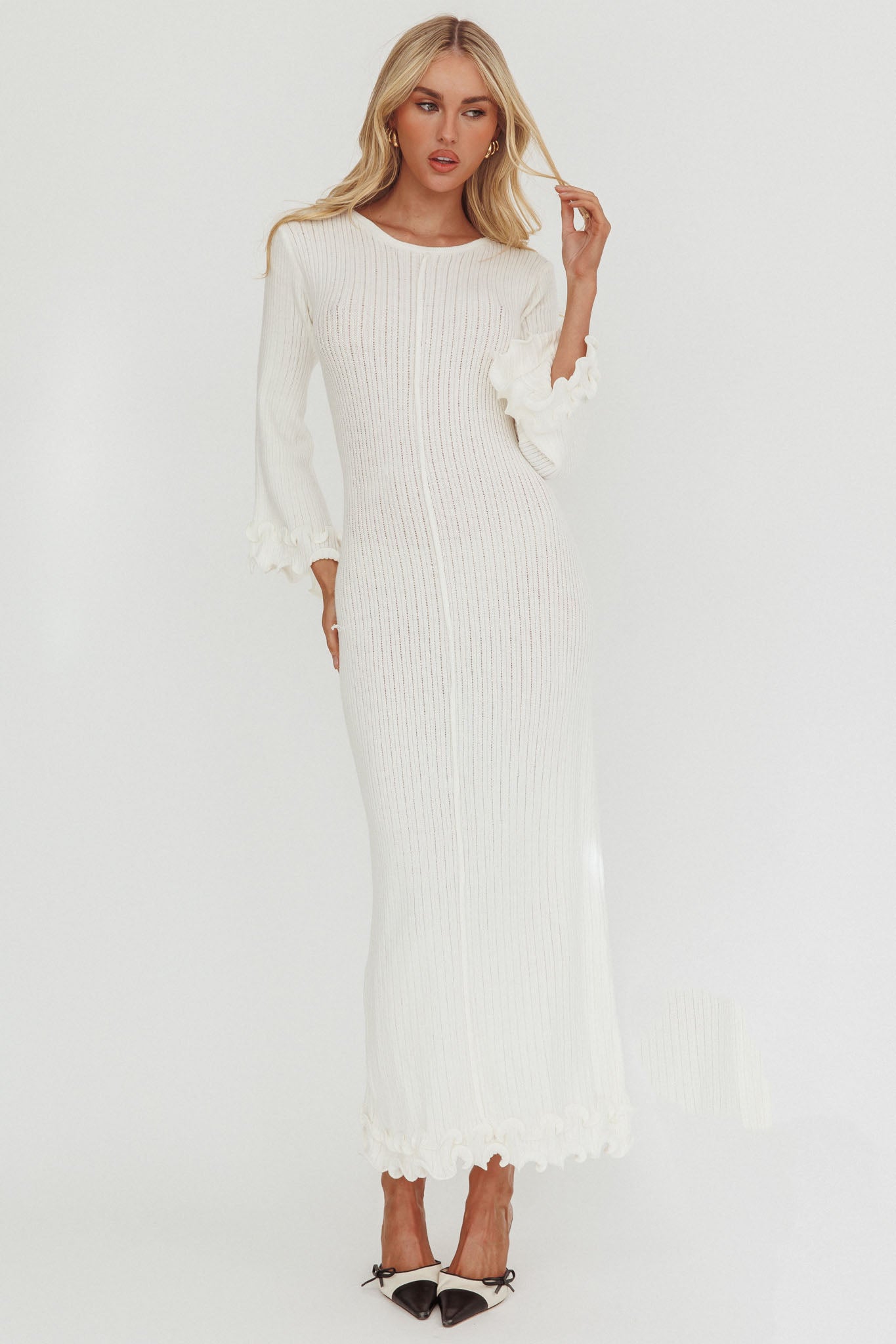 Wrenna Bell Sleeve Knit Maxi Dress White | Selfie Leslie Australia