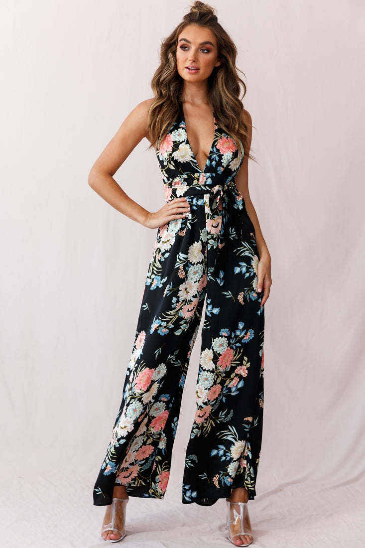 Make Me Halterneck Low Back Jumpsuit Floral Print Black | Selfie Leslie ...