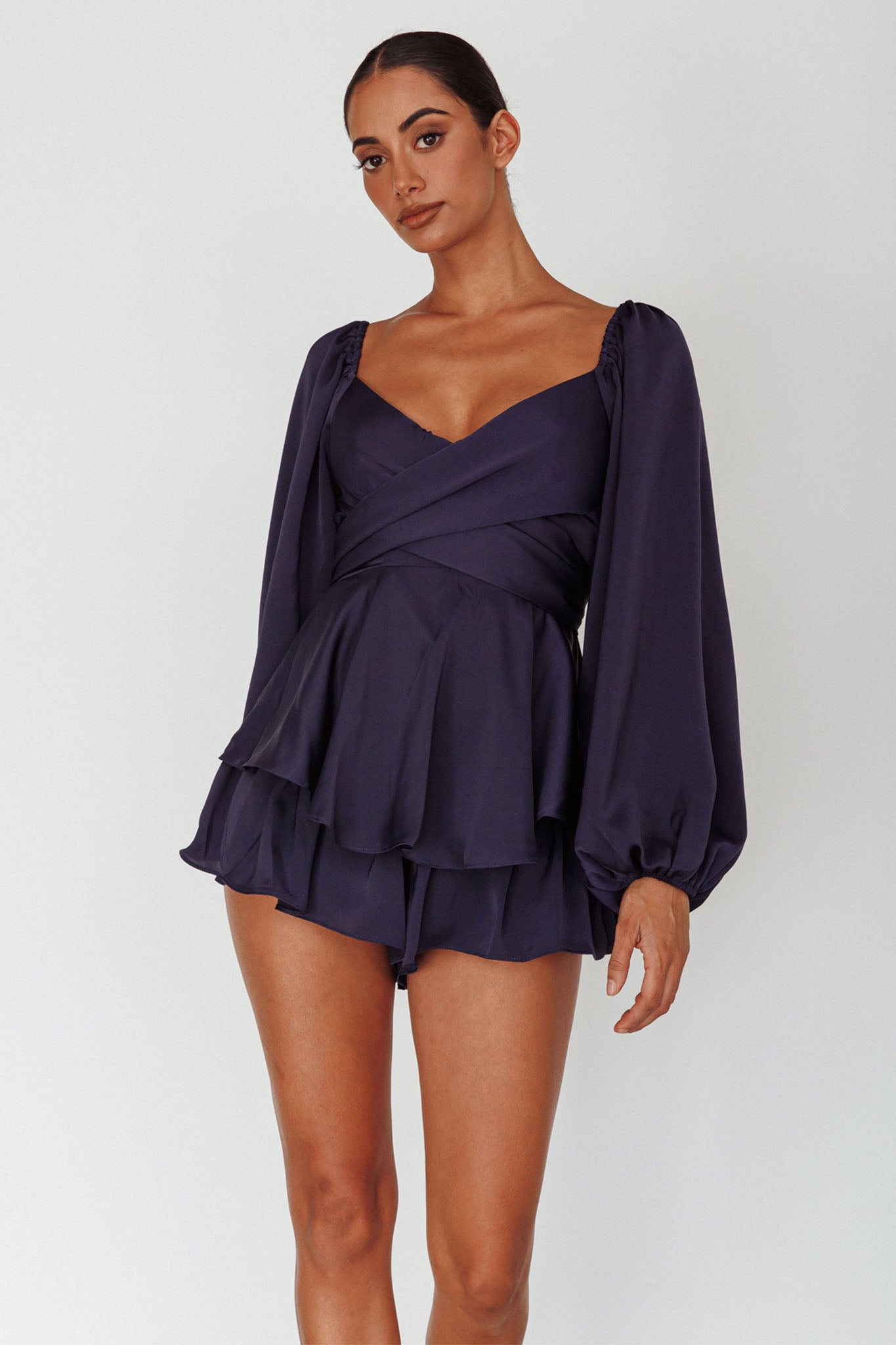 Shop the It's Complicated Long Sleeve Flounce Romper Navy | Selfie ...