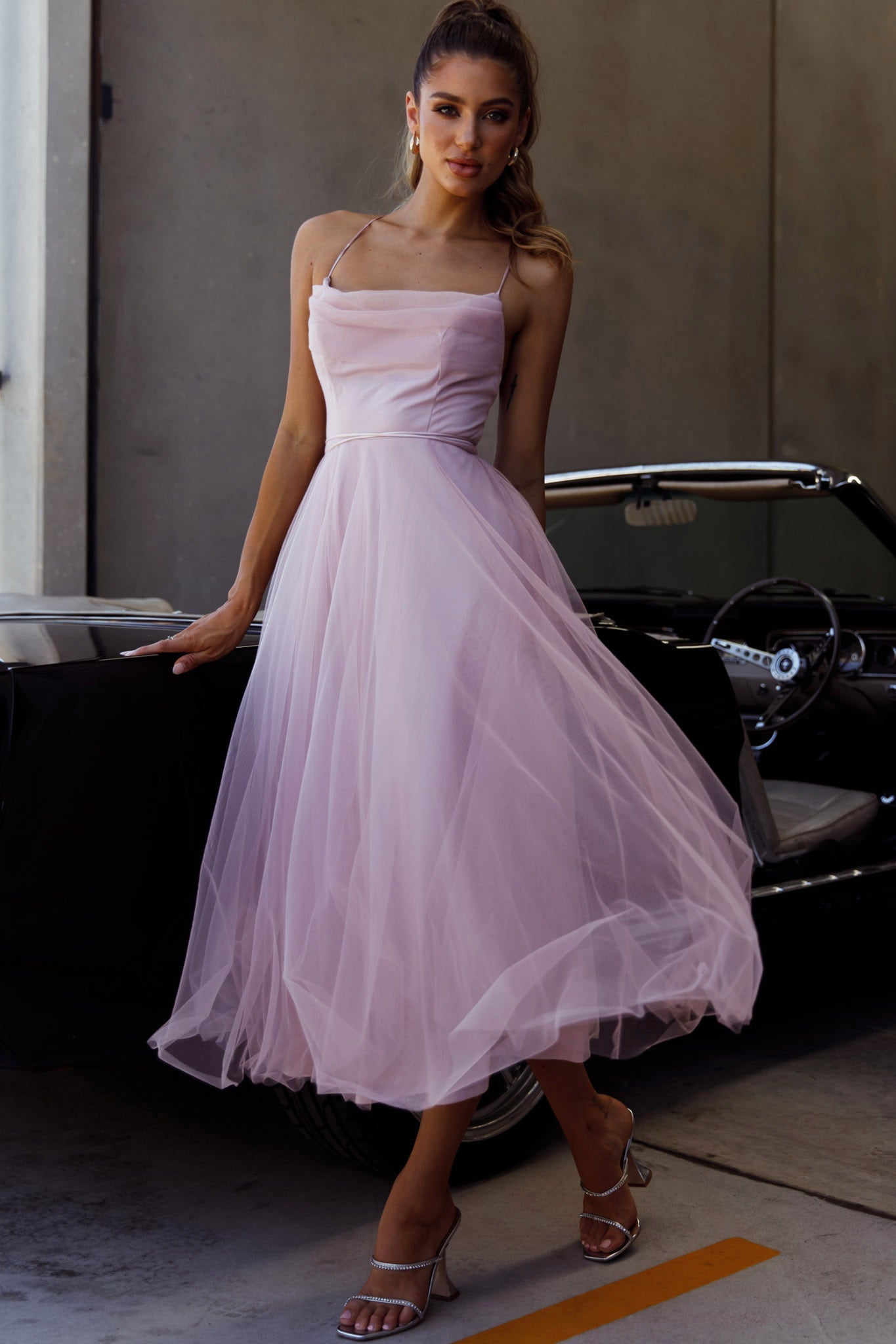 Shop the Floating By Pleated Neckline Mesh Midi Dress Blush