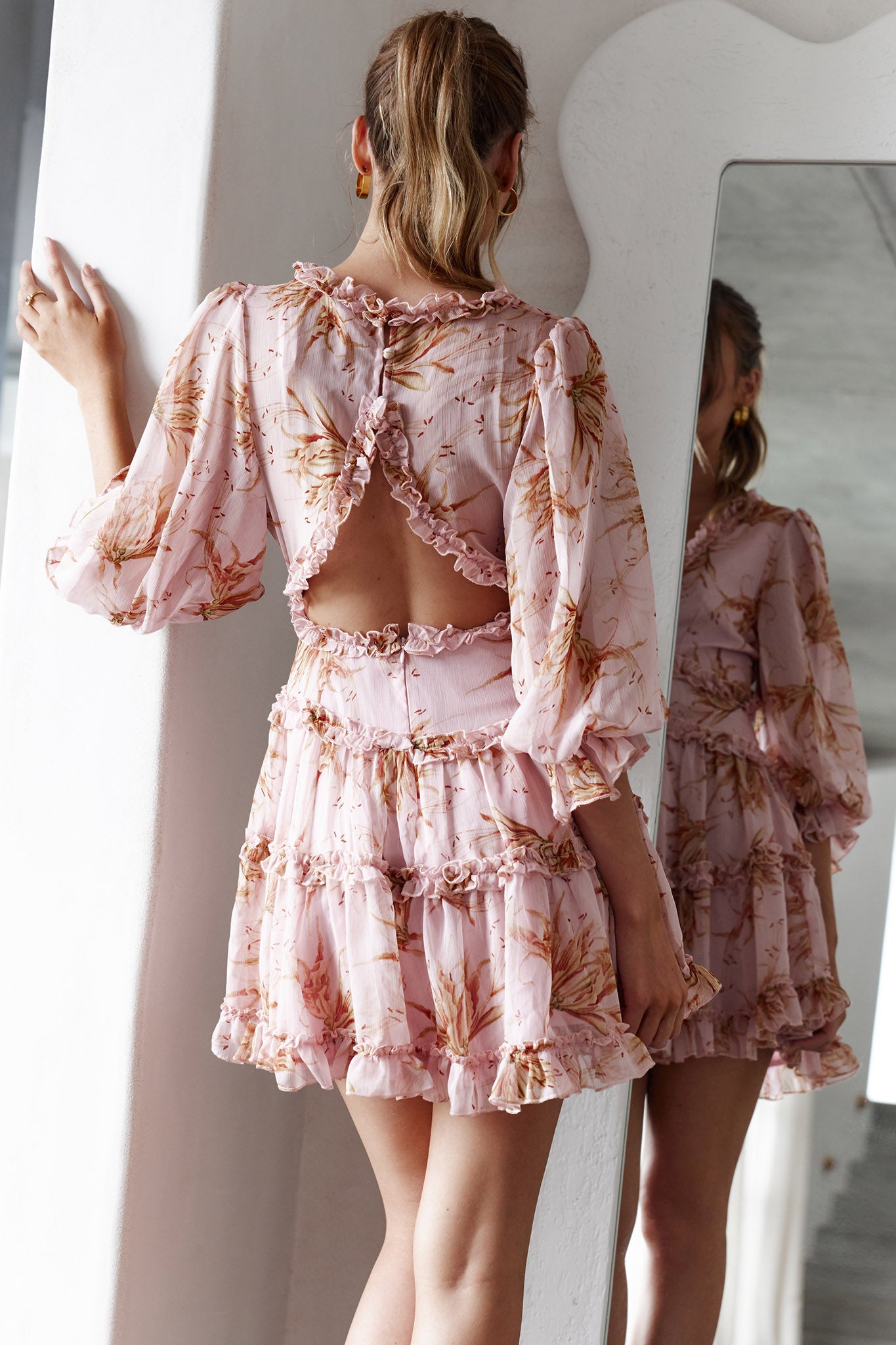 Shop the Laney Cutout Back Ruffle Trim Dress Lily Print Pink | Selfie ...