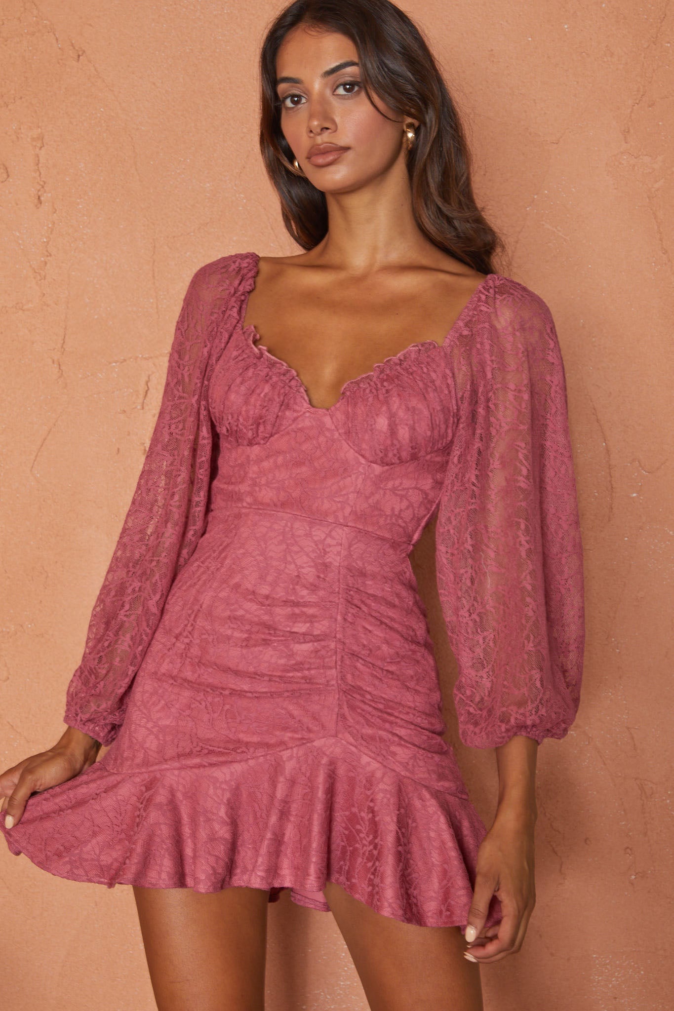 Shop the Halley Balloon Sleeve Frill Bust Flounce Hem Lace Dress Rose ...