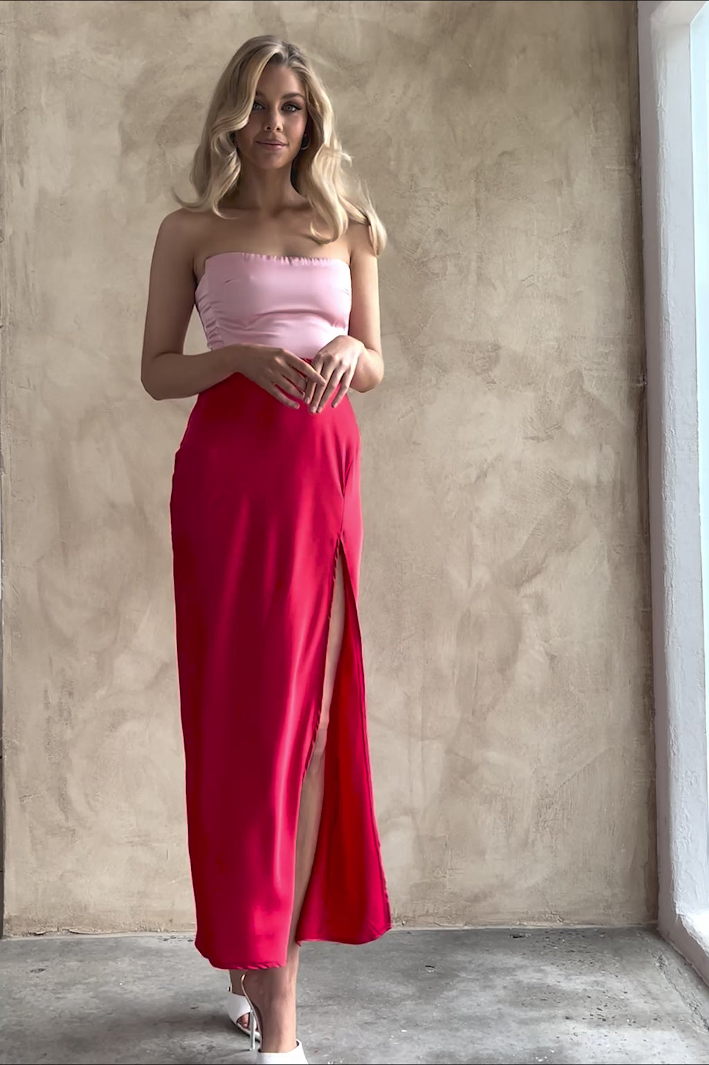 Everlee Strapless Split Midi Dress Pink | Selfie Leslie Australia