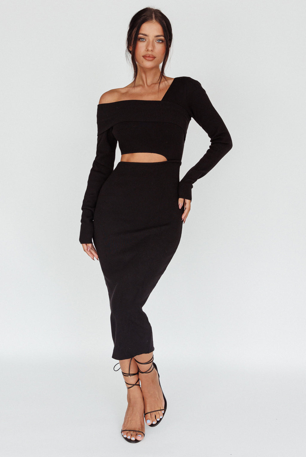 Tamar Long Sleeve One-Shoulder Midi Dress Black | Selfie Leslie Australia