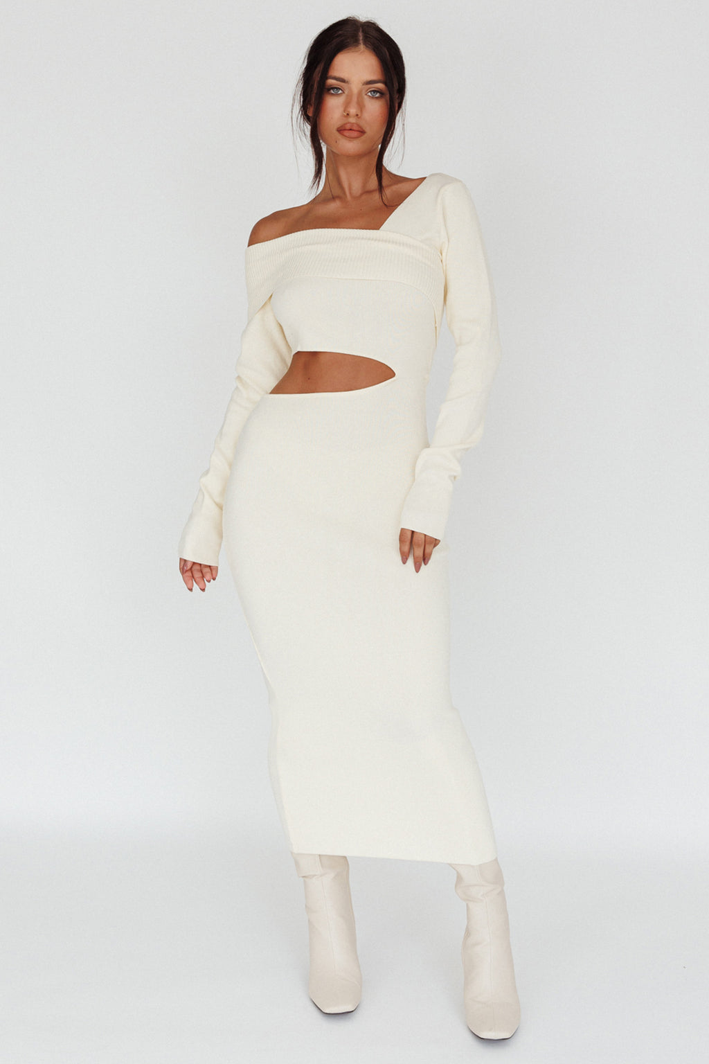 Shop the Tamar Long Sleeve One-Shoulder Midi Dress Cream