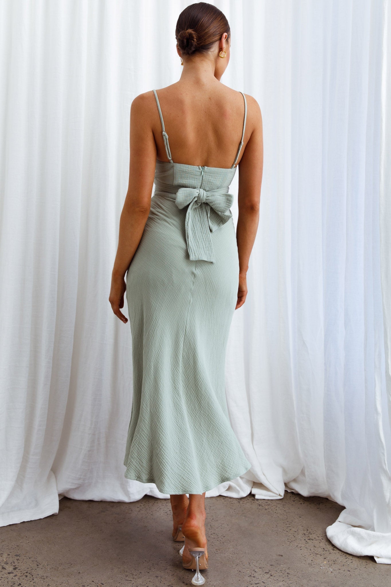 Shop the Twin Flame Drawstring Bust Midi Dress Sage
