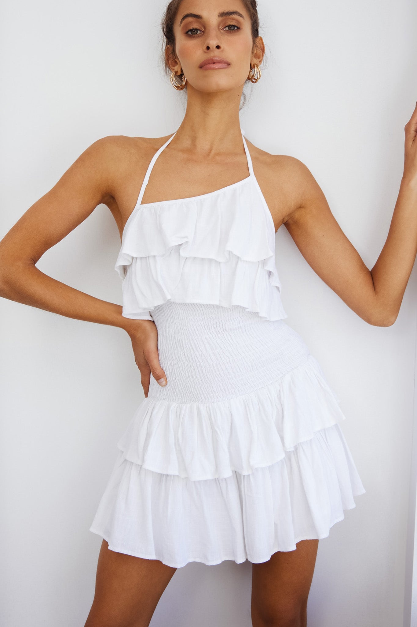 Kristy Halterneck Shirred Bodice Ruffle Mini Dress White | Selfie ...