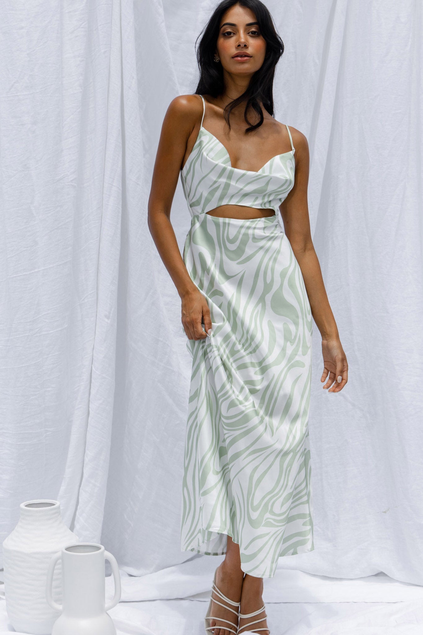 Jasper Cowl Neck Cut-Out Drawstring Back Midi Dress Zebra Print Lime ...