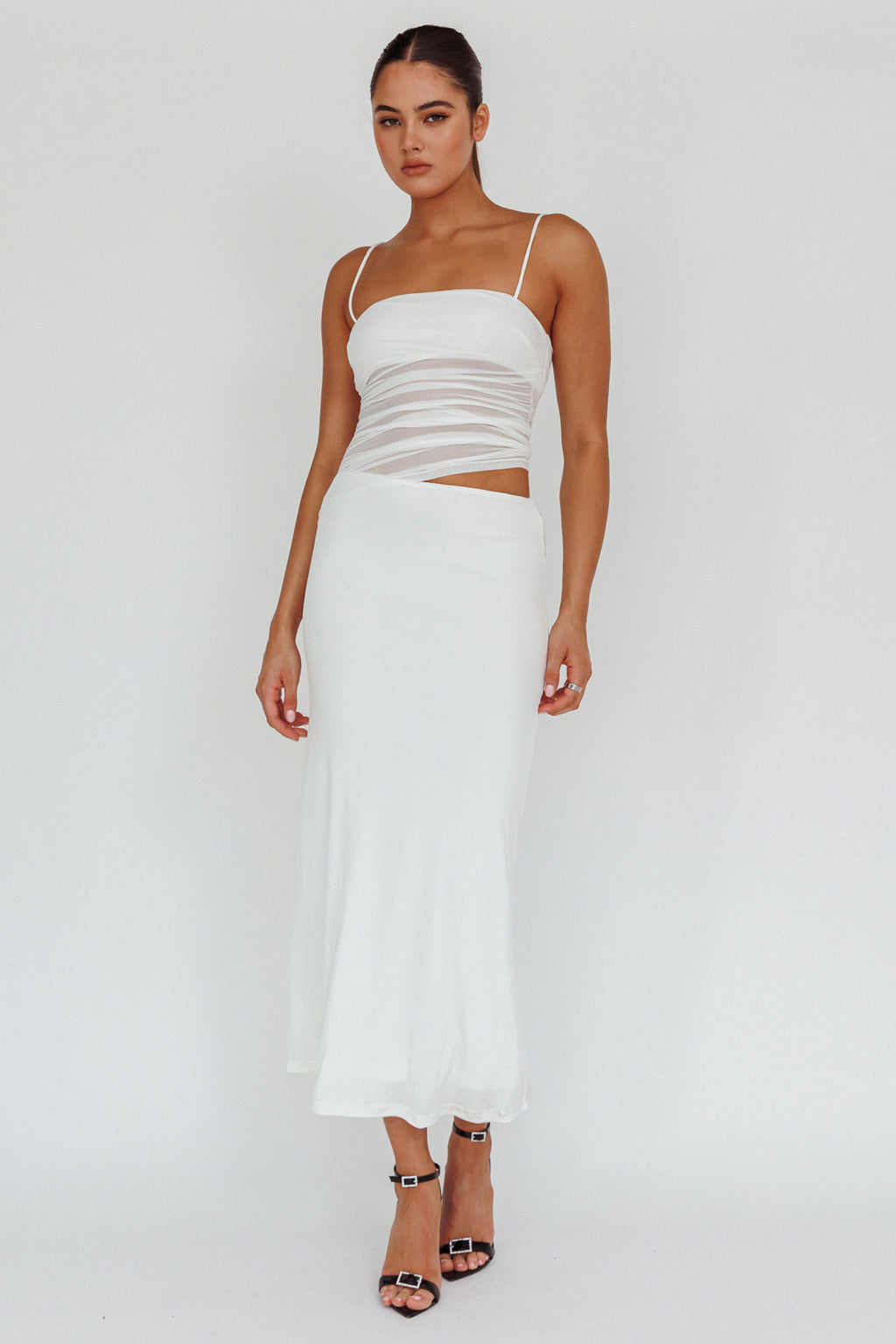 Lorely Ruched Bodice Midi Dress Vanilla– Selfie Leslie Australia