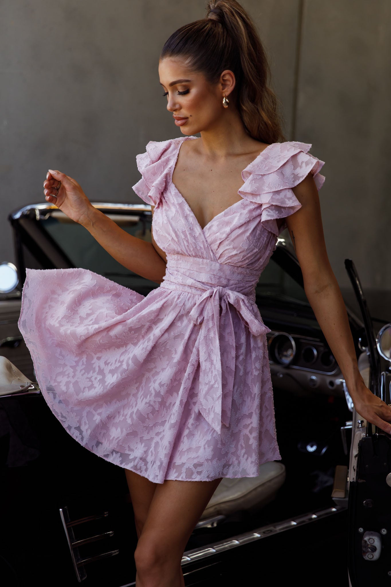 Shop the Lola Ruffle Shoulder Ruched Dress Textured Blush | Selfie ...