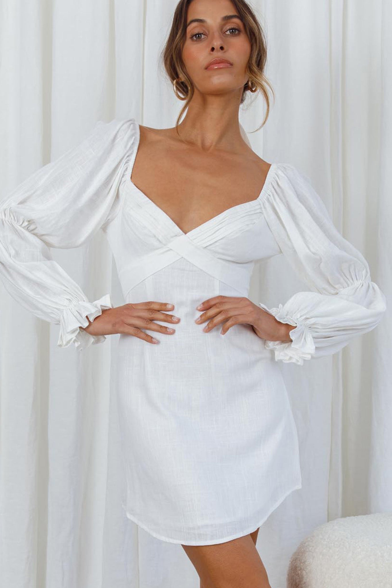 Corina Pleated Bust Long Sleeve V-Back Dress White– Selfie Leslie Australia