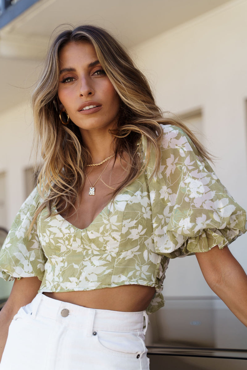 Shop the Rosetta Puff Sleeve Keyhole Back Crop Top Floral Print Olive