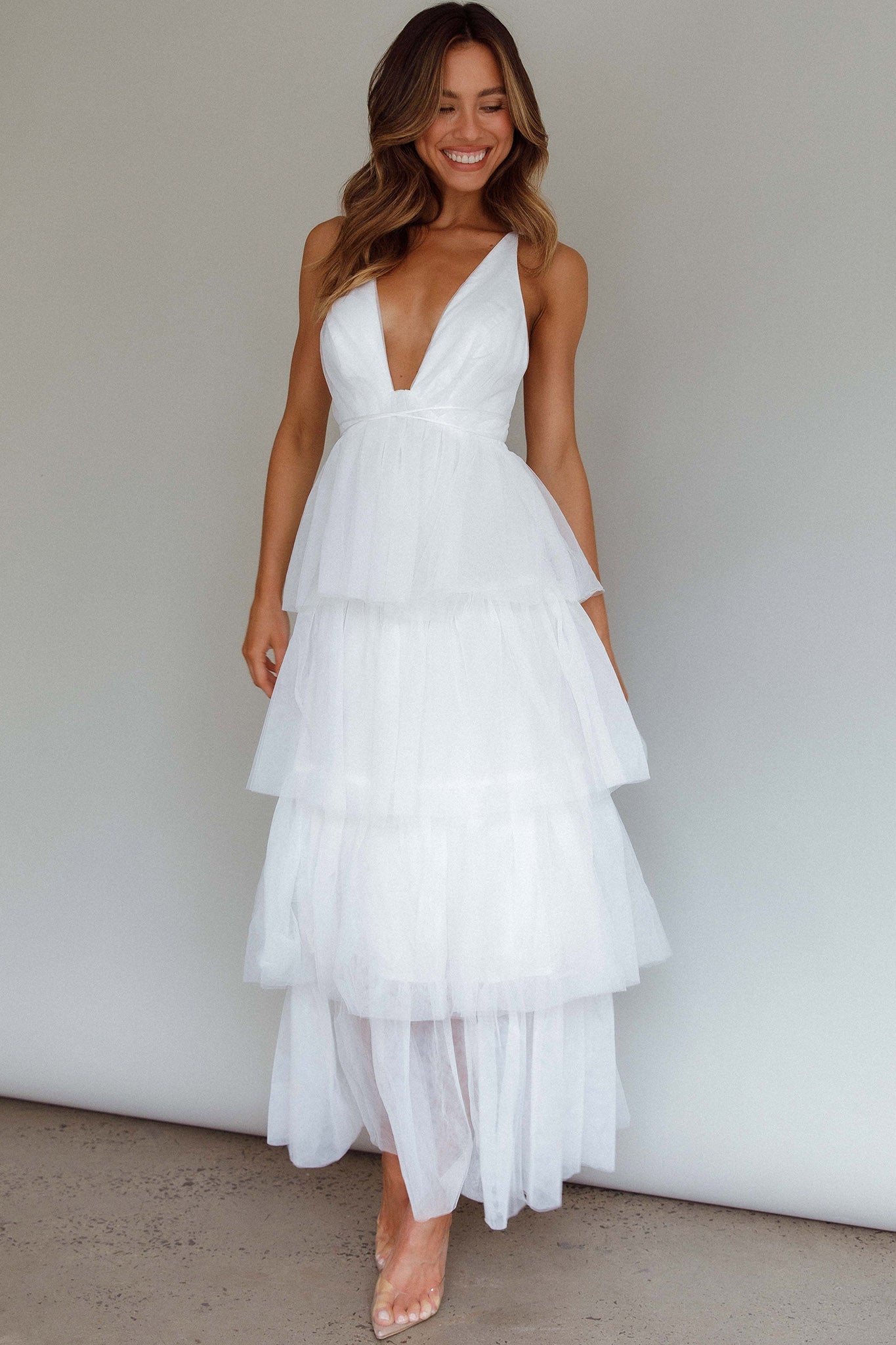 Shop the Auguste Tiered Frill Midi Dress White | Selfie Leslie Australia