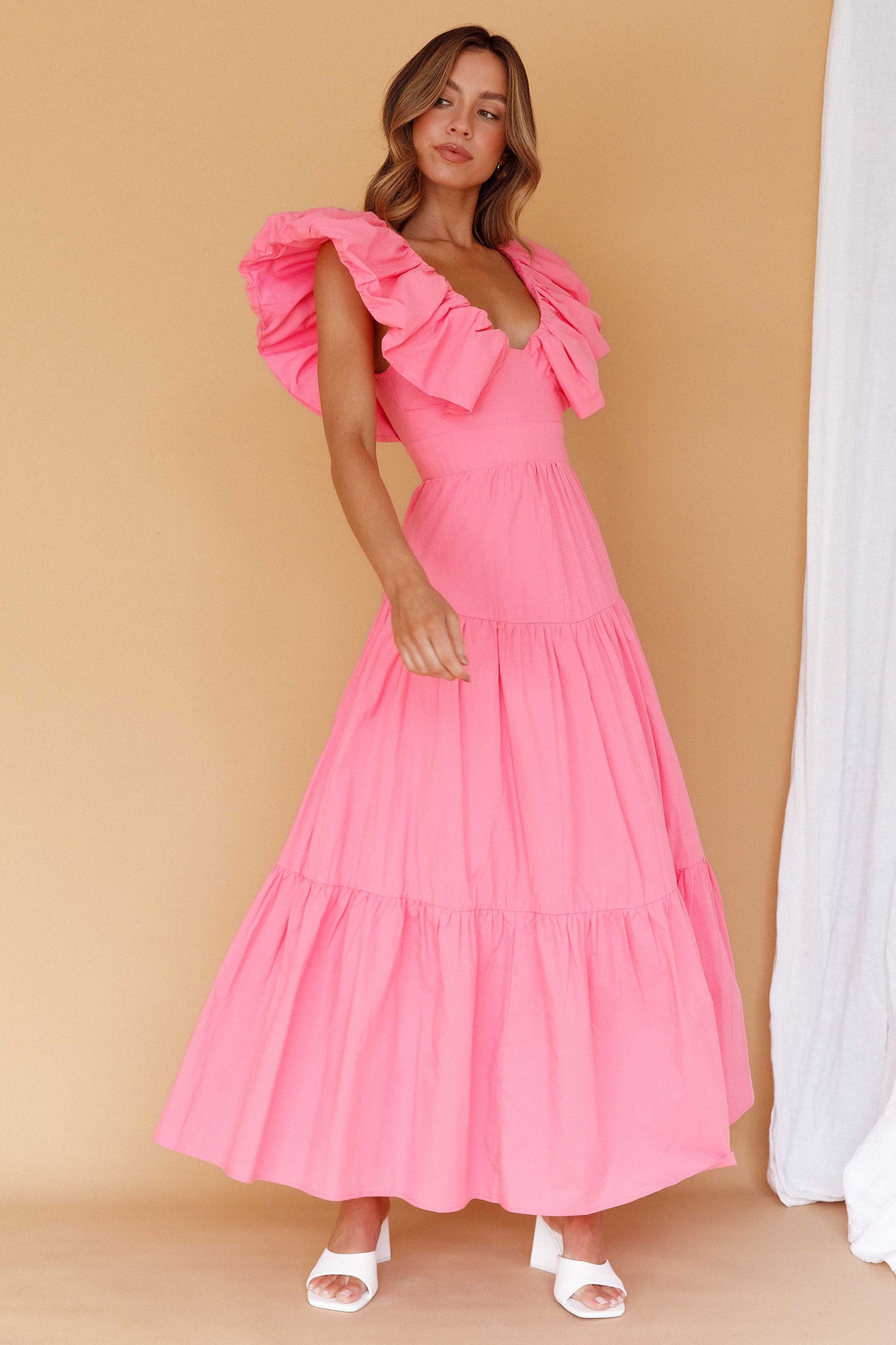 Shop the Kahlo Puffed Ruffle Neckline Maxi Dress Soft Pink | Selfie ...