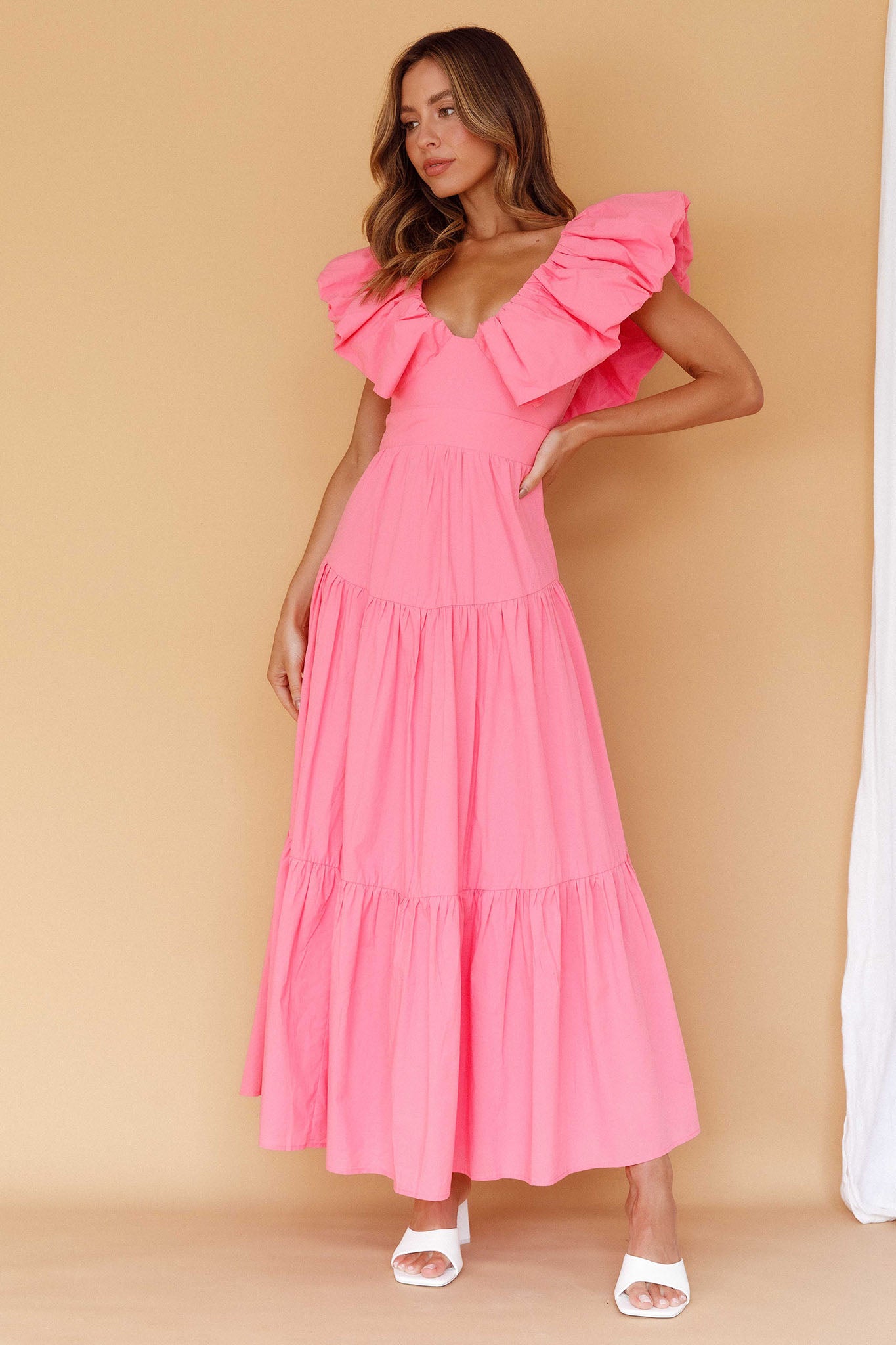 Shop the Kahlo Puffed Ruffle Neckline Maxi Dress Soft Pink | Selfie ...