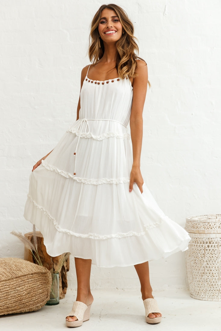 Daybreak Frill Trim Wooden Bead Midi Dress White– Selfie Leslie Australia