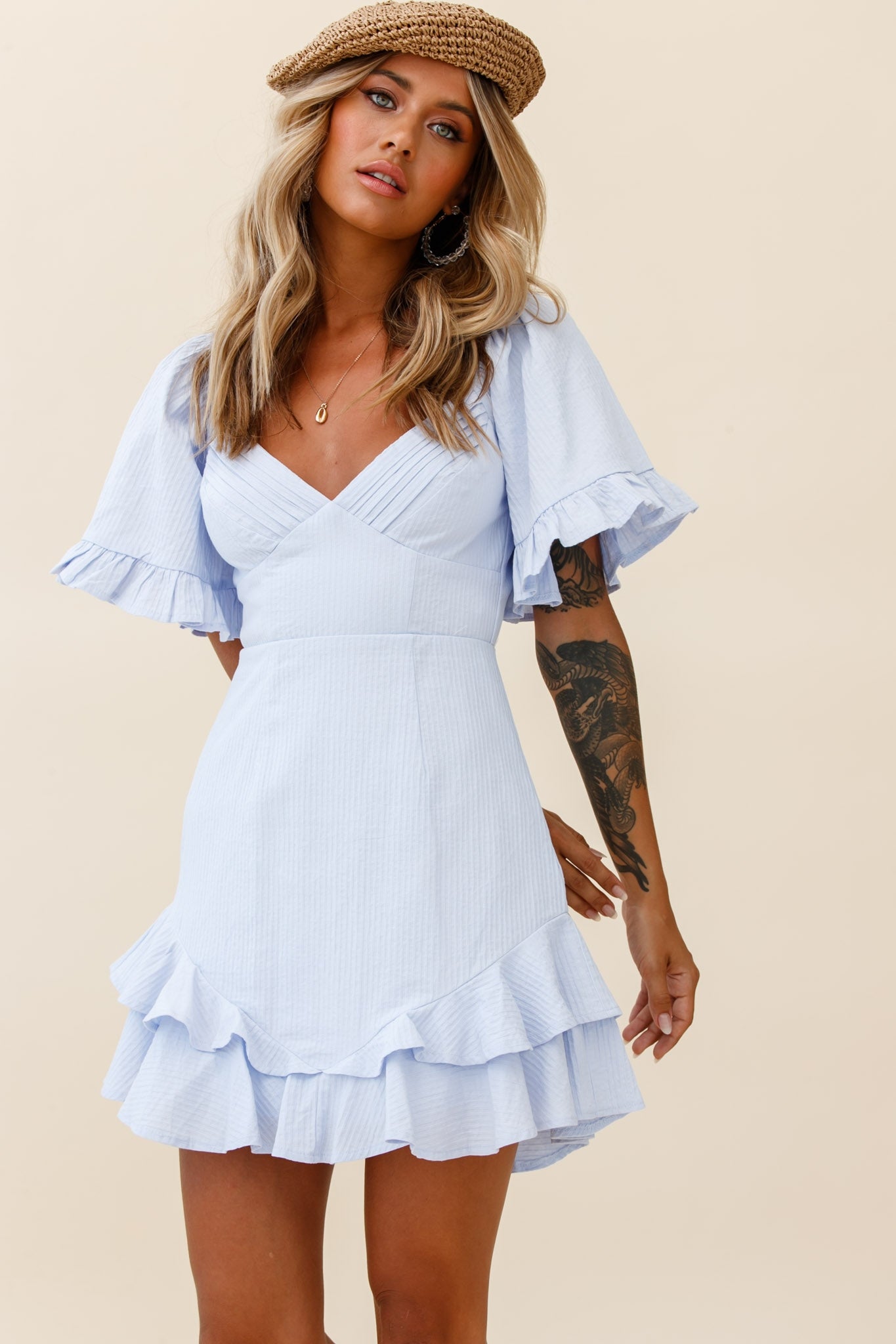 Shop the Corina Pleated Bust V-Back Dress Steel Blue